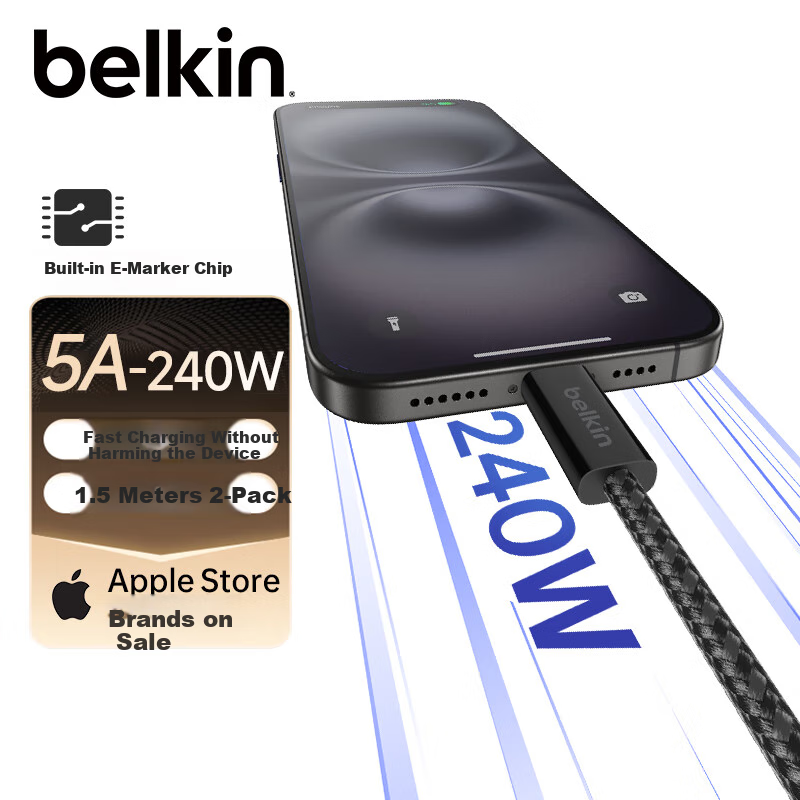 BELKIN 240W PD Быстрая зарядка Type-C кабель из плетеной ткани 1,5 м для ноутбуков и планшетов Apple Цвет：5A-240W