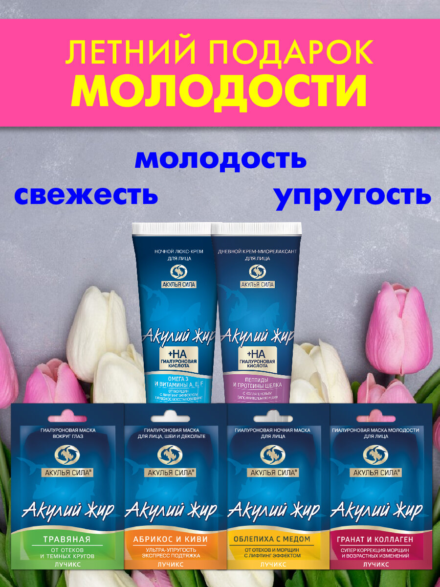 Гиалуроновый набор косметики от морщин, омоложение и увлажнение. (2) крема (по 50 мл) + (4) маски (по 10 мл)/ лучикс