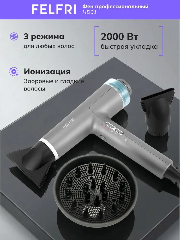 Фен для волос профессиональный с диффузором мощный 2000 Вт, высокоскоростной электрический фен с ионизацией для сушки и укладки, 4 температурных режима, скорость мотора 110000 об/мин HD01