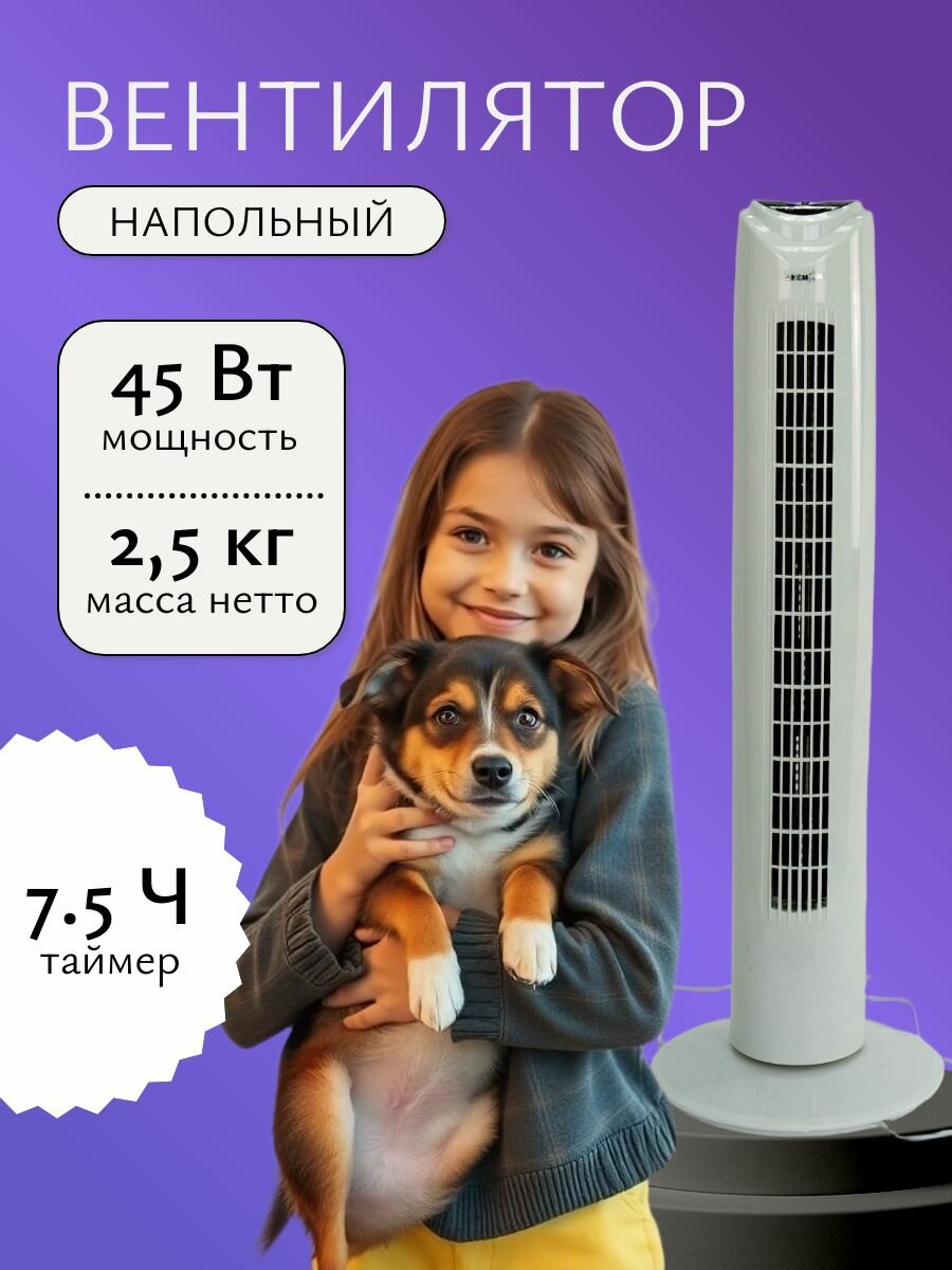 Вентилятор колонный, поворотный на 85 градусов, с пультом ДУ, 5 режимов, таймер, TW29-8