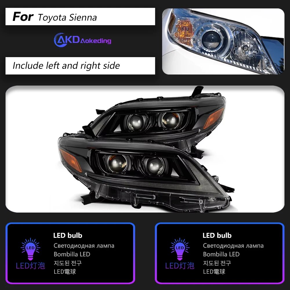Фара AKD для Toyota Sienna LED-фара 2011-2019 Фары Sienna Дневной ходовой огонь Сигнал поворота Дальний свет Ангельский глаз Проекционная линза