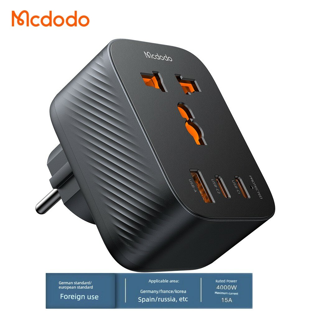 Портативный адаптер питания с европейским разъемом, 1 порт USB-A, 2 порта USB-C и сетевым разъемом - компактный для
