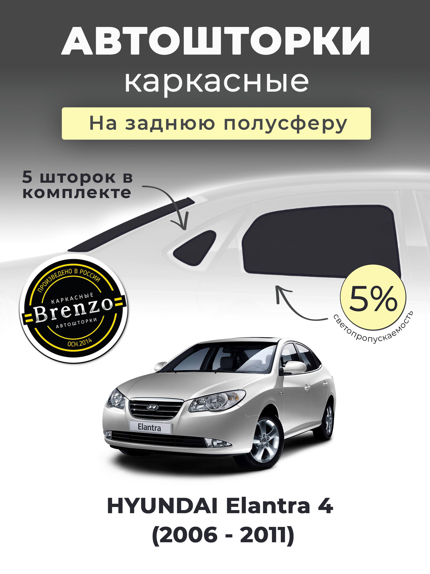 Каркасные шторки HYUNDAI Elantra 4 (2006 - 2011) на заднюю полусферу 5%, сетки от солнца в машину