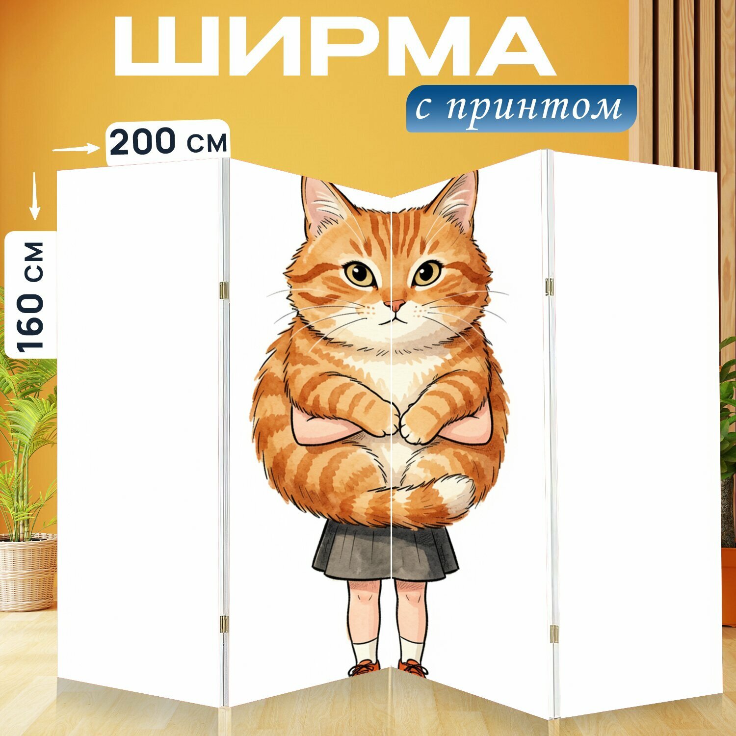 Ширма "Рыжий кот в школьной форме. Милая акварельная иллюстрация с полосатым пушистиком, совмещённым с детской." перегородка для зонирования комнаты с принтом 200x160 см. на холсте