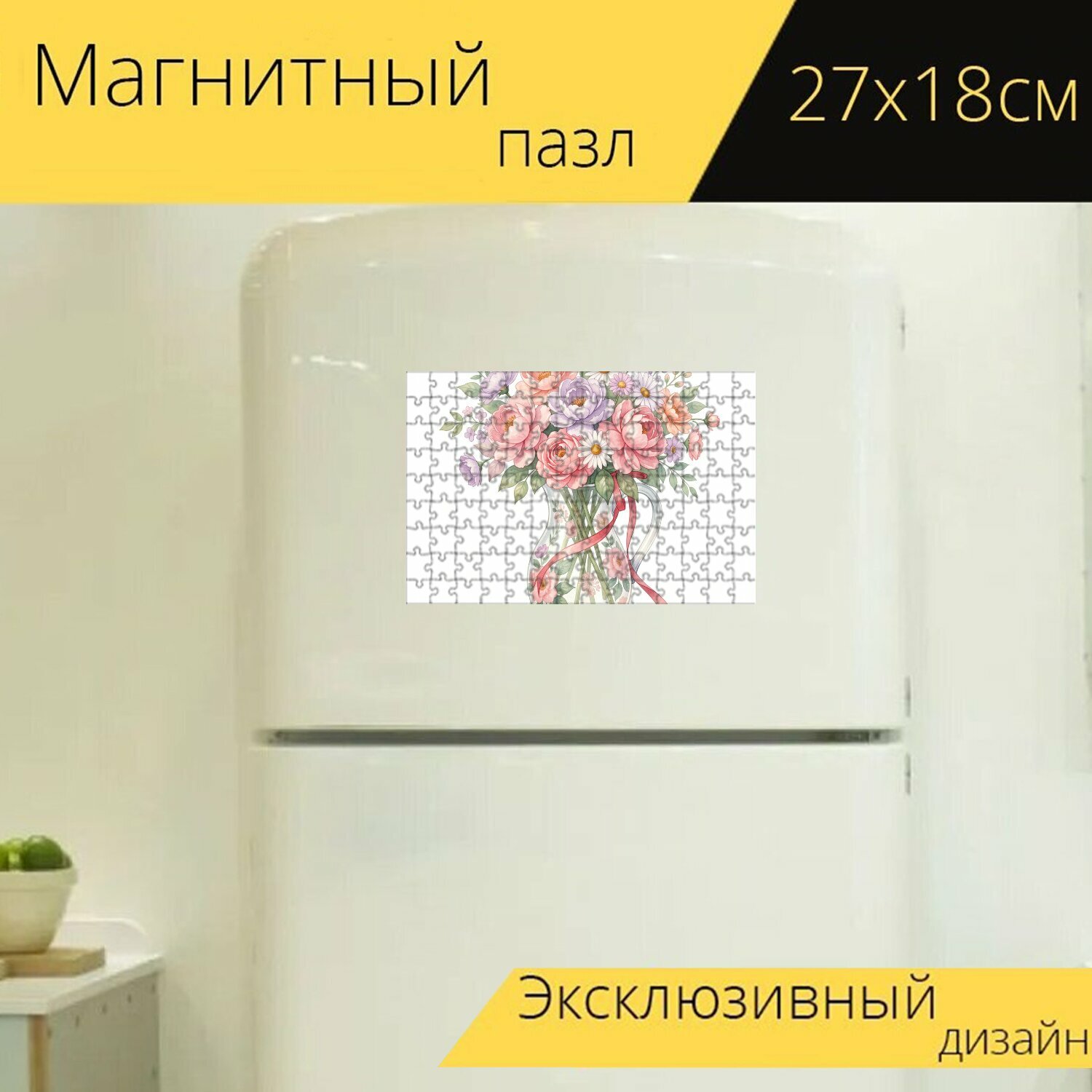 Магнитный пазл "Букет полевых цветов в кувшине. Нежная акварельная композиция с пышными розовыми, лиловыми и белыми соцветиями в стеклянном графине." на холодильник 27 x 18 см.