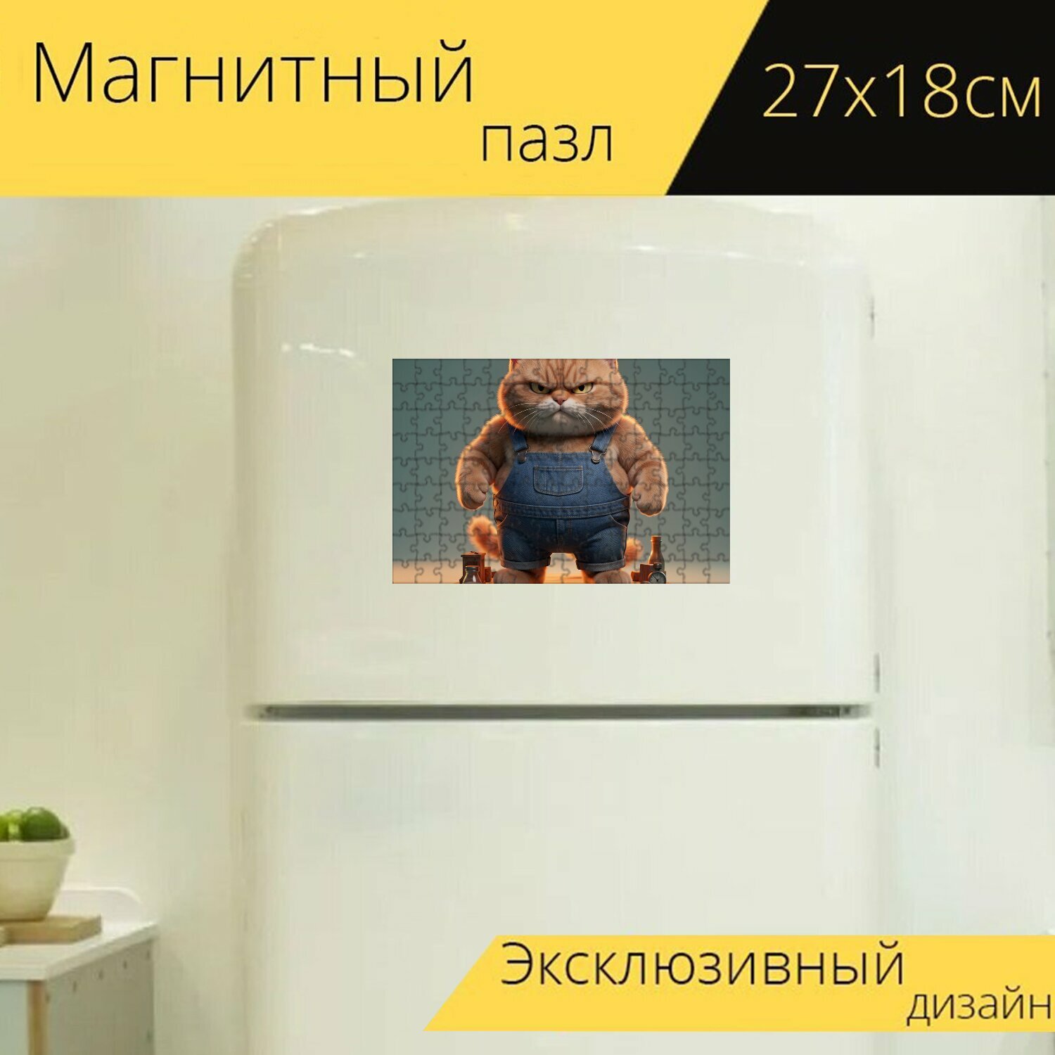 Магнитный пазл "Суровый кот в джинсовом комбинезоне. Реалистичный рыжий кот с сердитым взглядом в синем дениме, на деревянной подставке с мелкими." на холодильник 27 x 18 см.