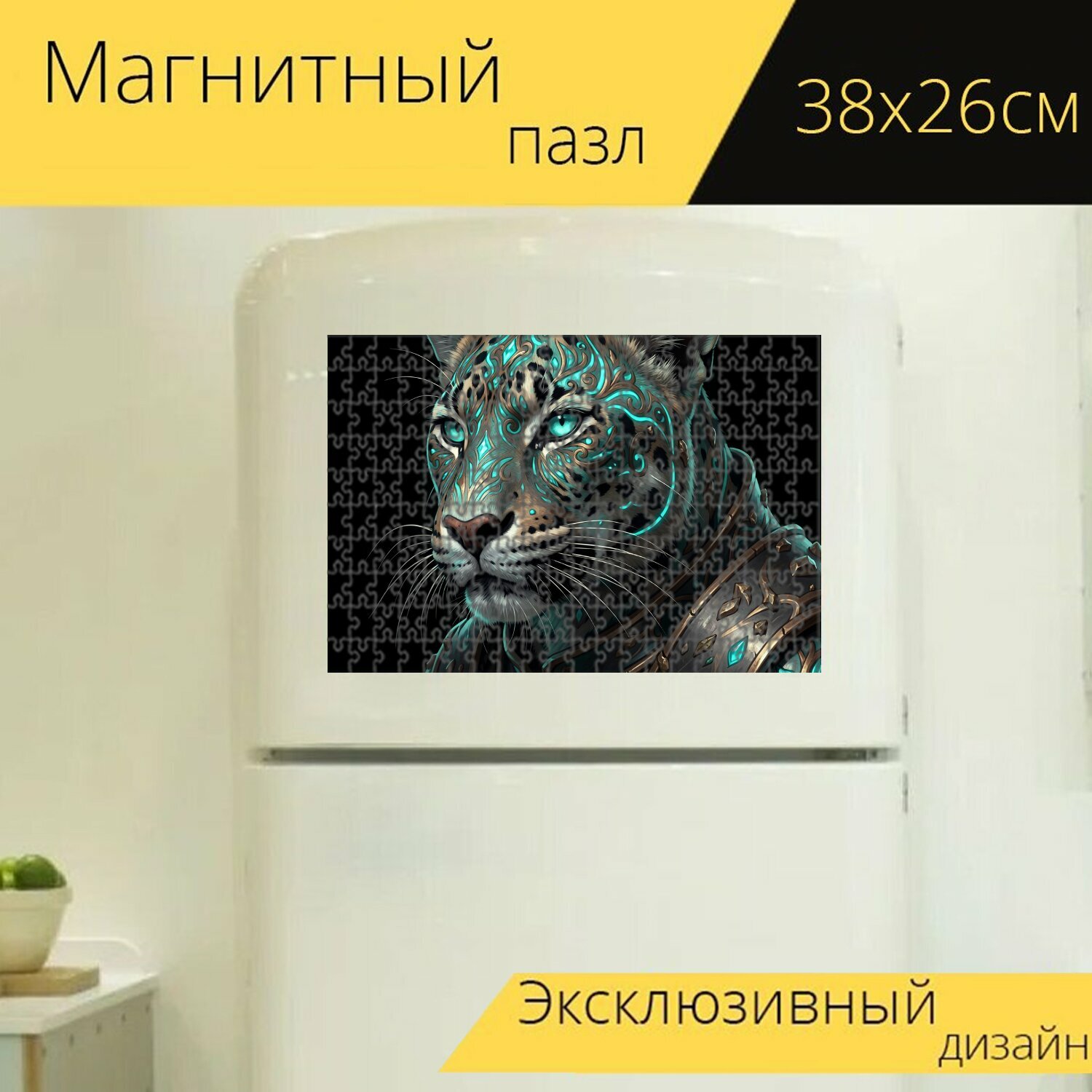 Магнитный пазл "Леопард в футуристическом доспехе. Хищная кошка с бирюзовым сияющим орнаментом на морде и изящной броней, выполненная в темном." для интерьера, 38х26 см.