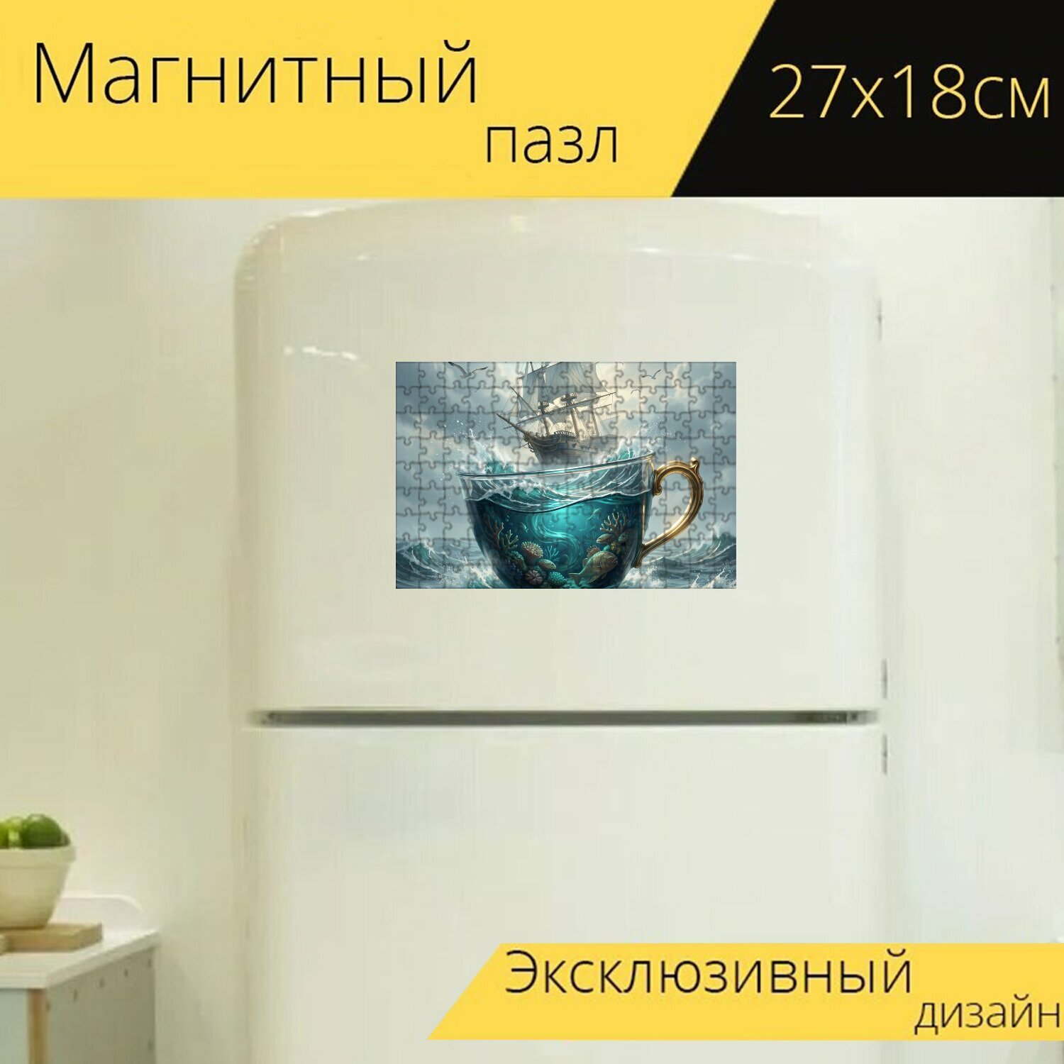 Магнитный пазл "Корабль в чашке с морем. Фантазийная морская композиция: парусник среди волн, прозрачный сосуд с подводным миром, кораллами и рыбами." на холодильник 27 x 18 см.