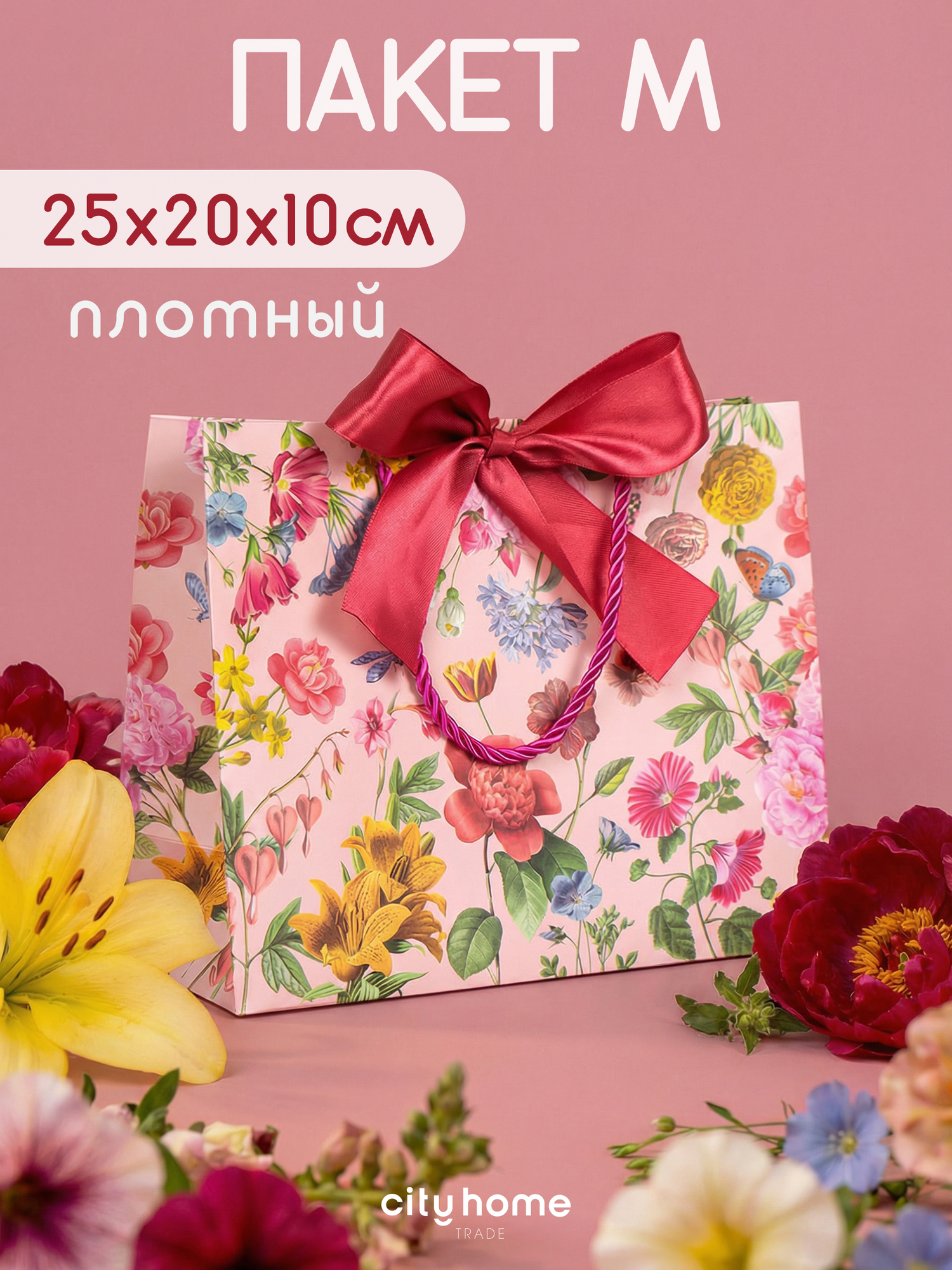 Подарочный пакет горизонтальный с красным бантом женский, 25x20x10 см, 1шт.