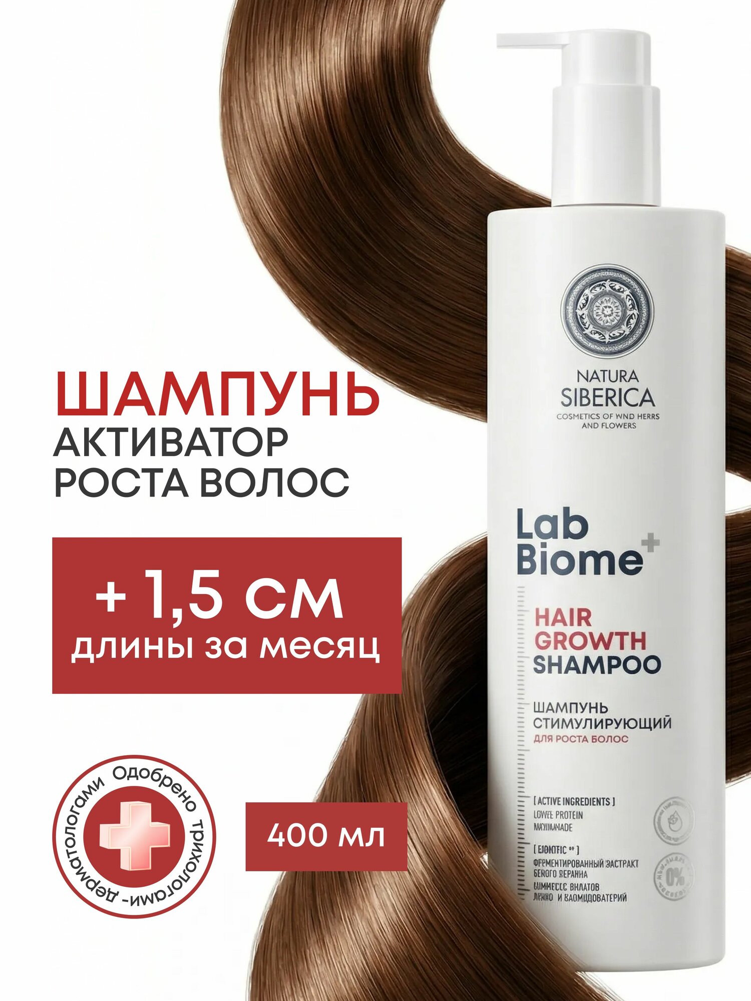 Natura Siberica Lab Biome. Шампунь стимулирующий для роста волос всех типов, укрепляющий, от выпадения, 400 мл