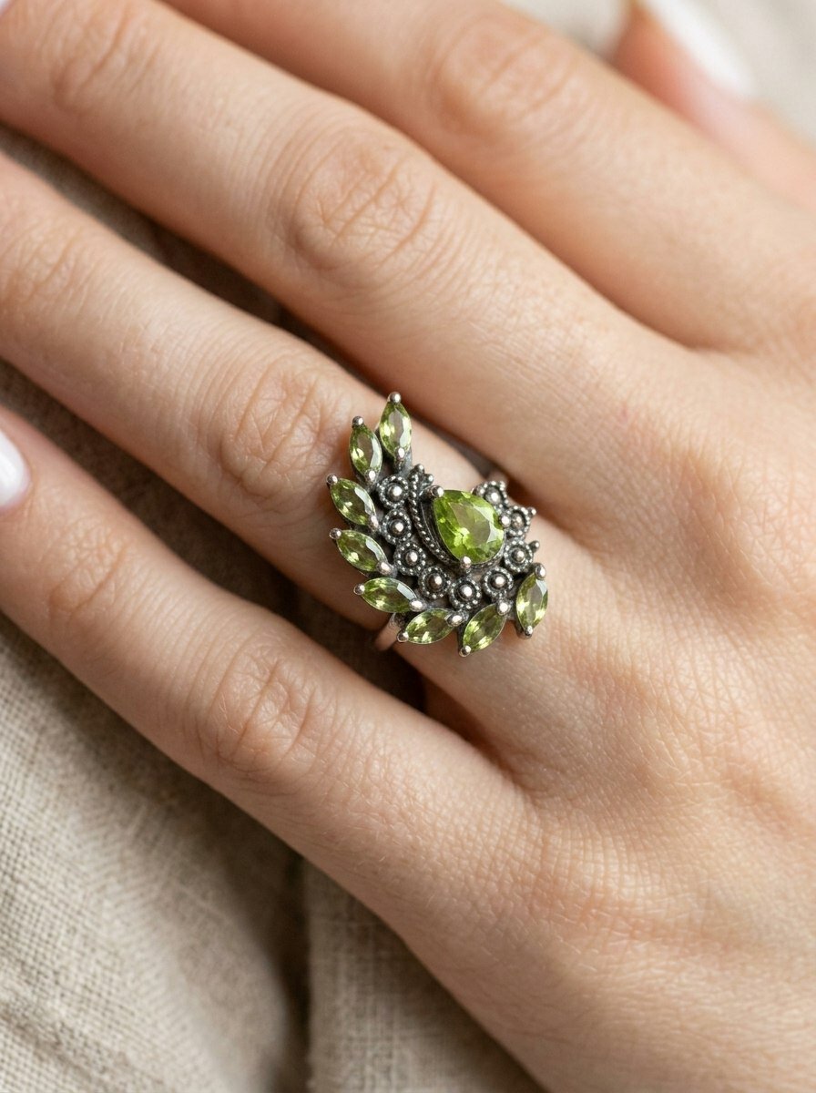 Кольцо, серебро, 925 проба, хризолит, марказит
