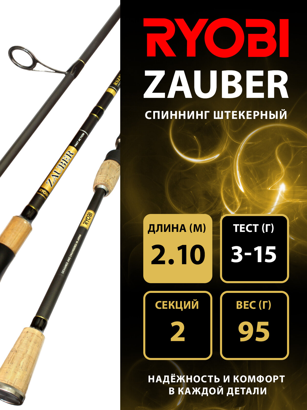 Спиннинг штекерный Ryobi Zauber, длина 2,10 метра, тест 3-15 грамм