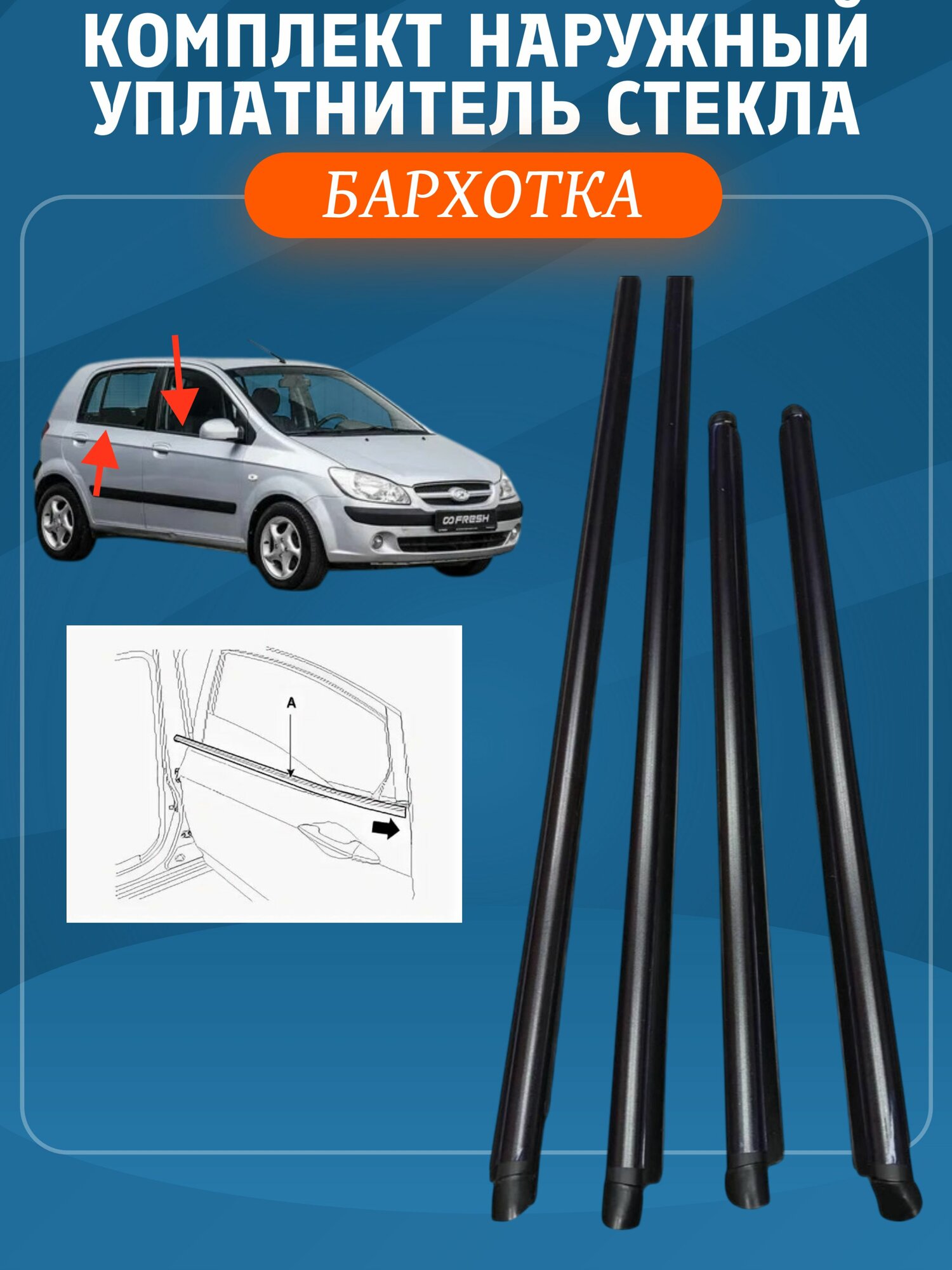 Бархотки / Молдинги стекла наружные Hyundai Getz (комплект)