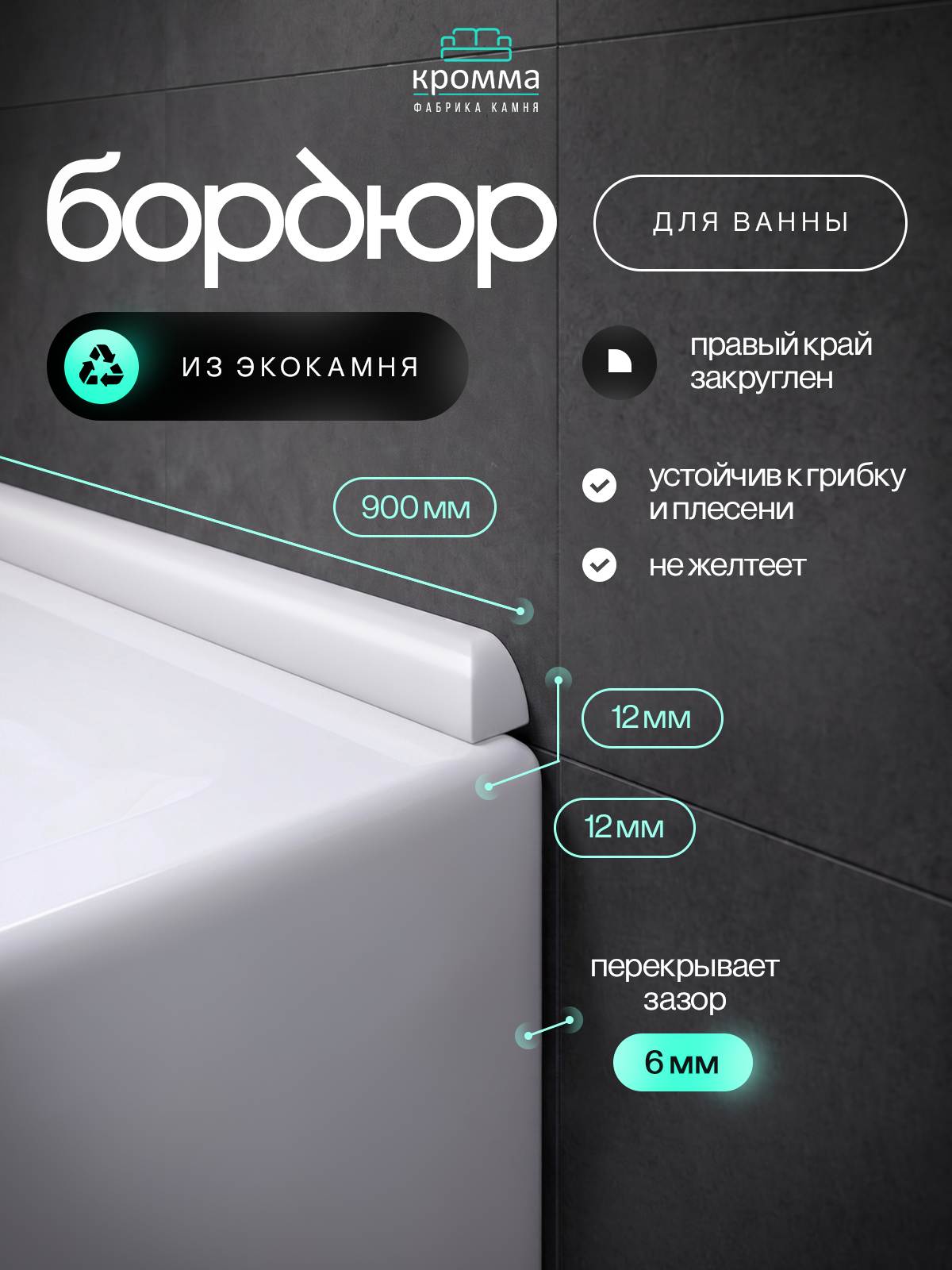 Акриловый бордюр плинтус для ванны 12/900 мм. белый цвет, глянцевая поверхность, правый