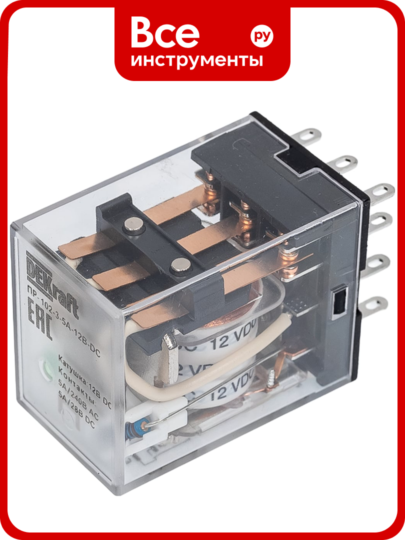 Промежуточное реле DEKraft 3-контактное, с led инд. 5а 12в dc пр-102 23869DEK