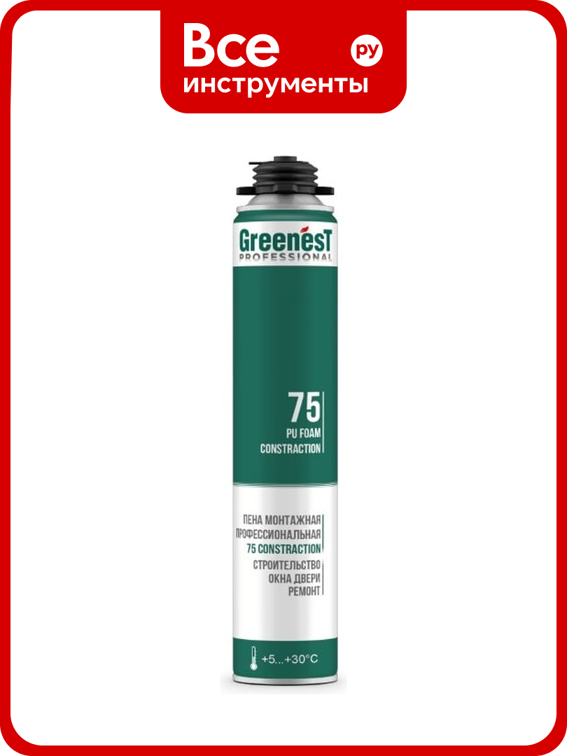 Пена монтажная GreenesT PROFESSIONAL CONSTRACTION 75, лето до +30ᵒС, 185118575, звукоизоляция, баллон под пистолет