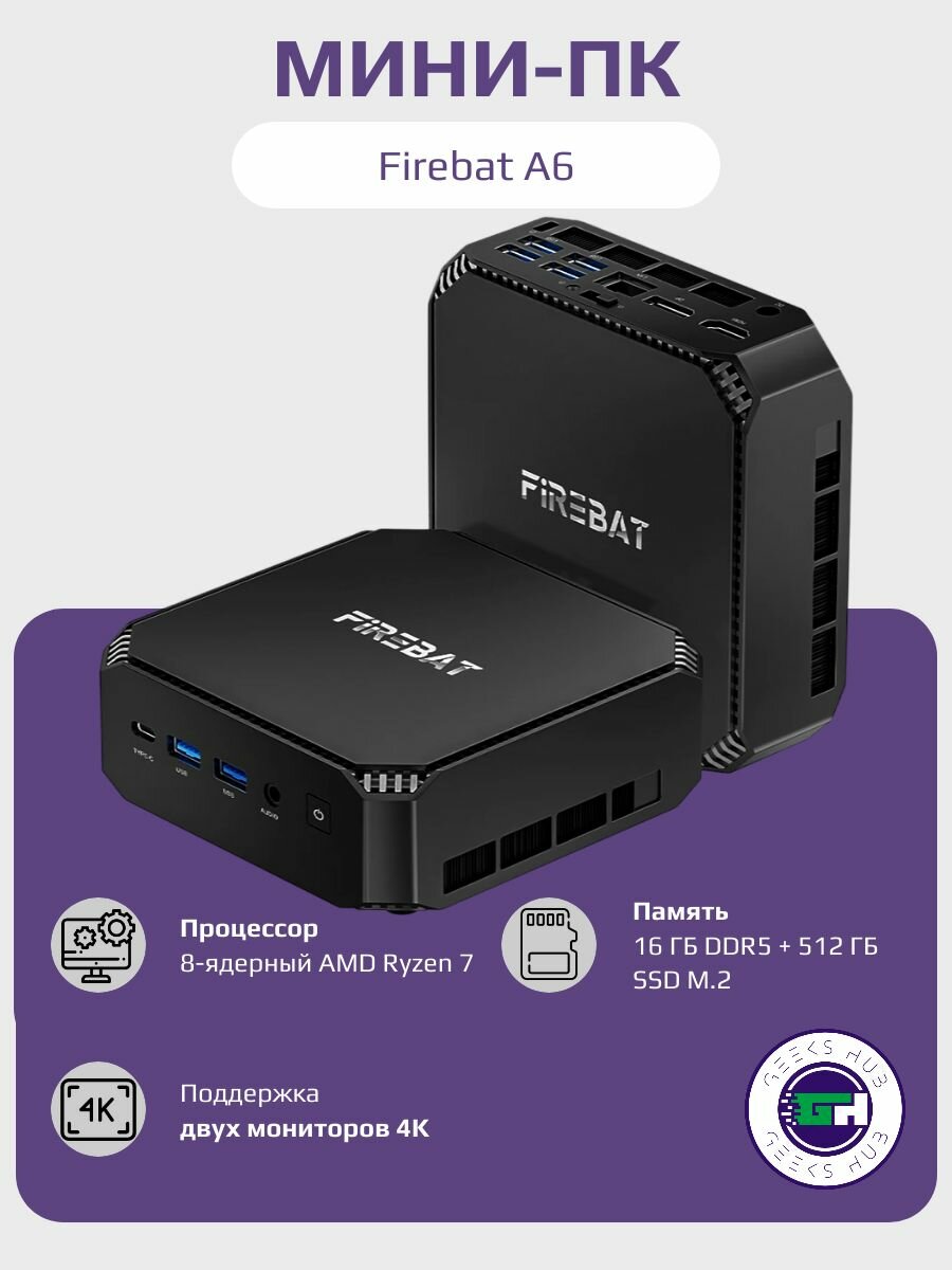 Мини-ПК Firebat A6, процессор AMD Ryzen 7 6800H, 16GB RAM, 512GB SSD
