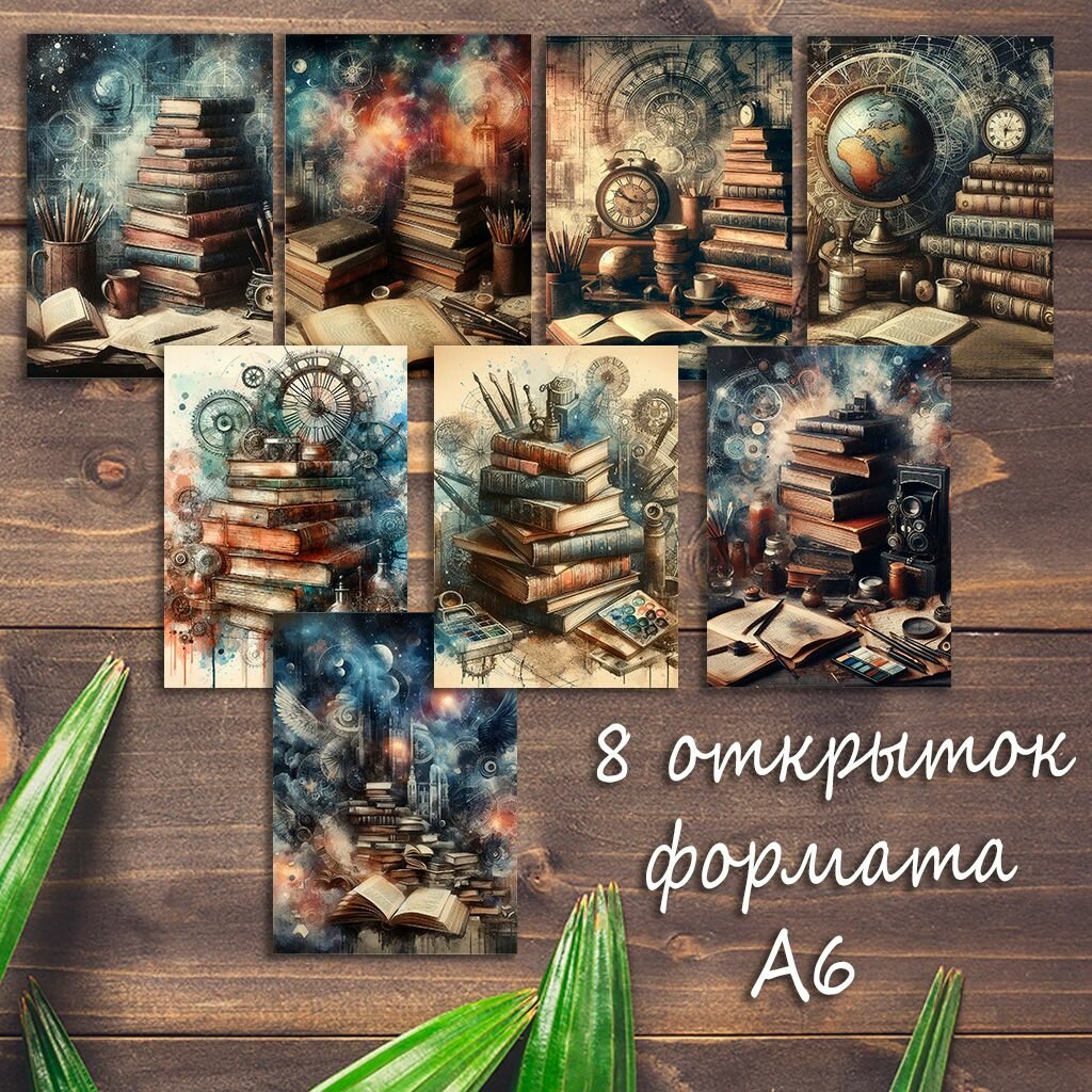Большой набор открыток Книги, библиотека, 8 штук