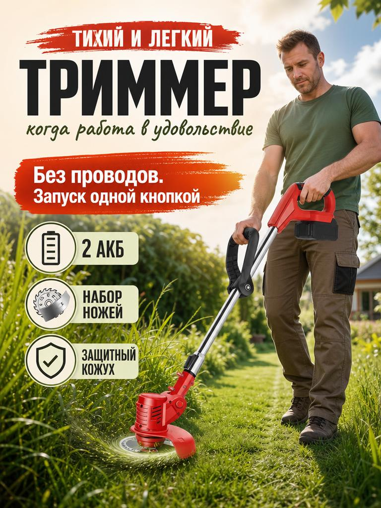 Триммер для травы садовый аккумуляторный, мощная газонокосилка с 2 акб