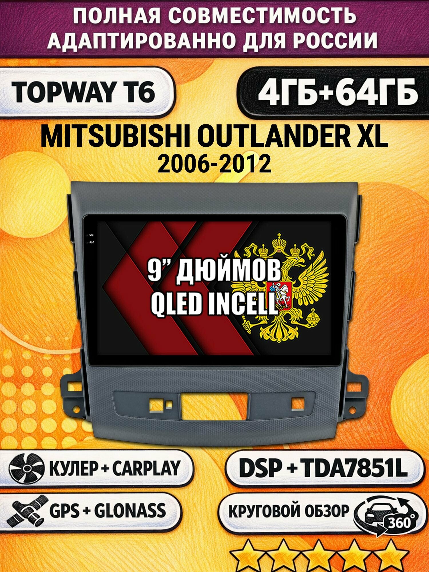 Штатная Андроид магнитола для MITSUBISHI OUTLANDER XL (2006-2012), 4/64гб, 360 обзор, DSP, беспроводной CarPlay/Android Auto, GPS/ГЛОНАСС