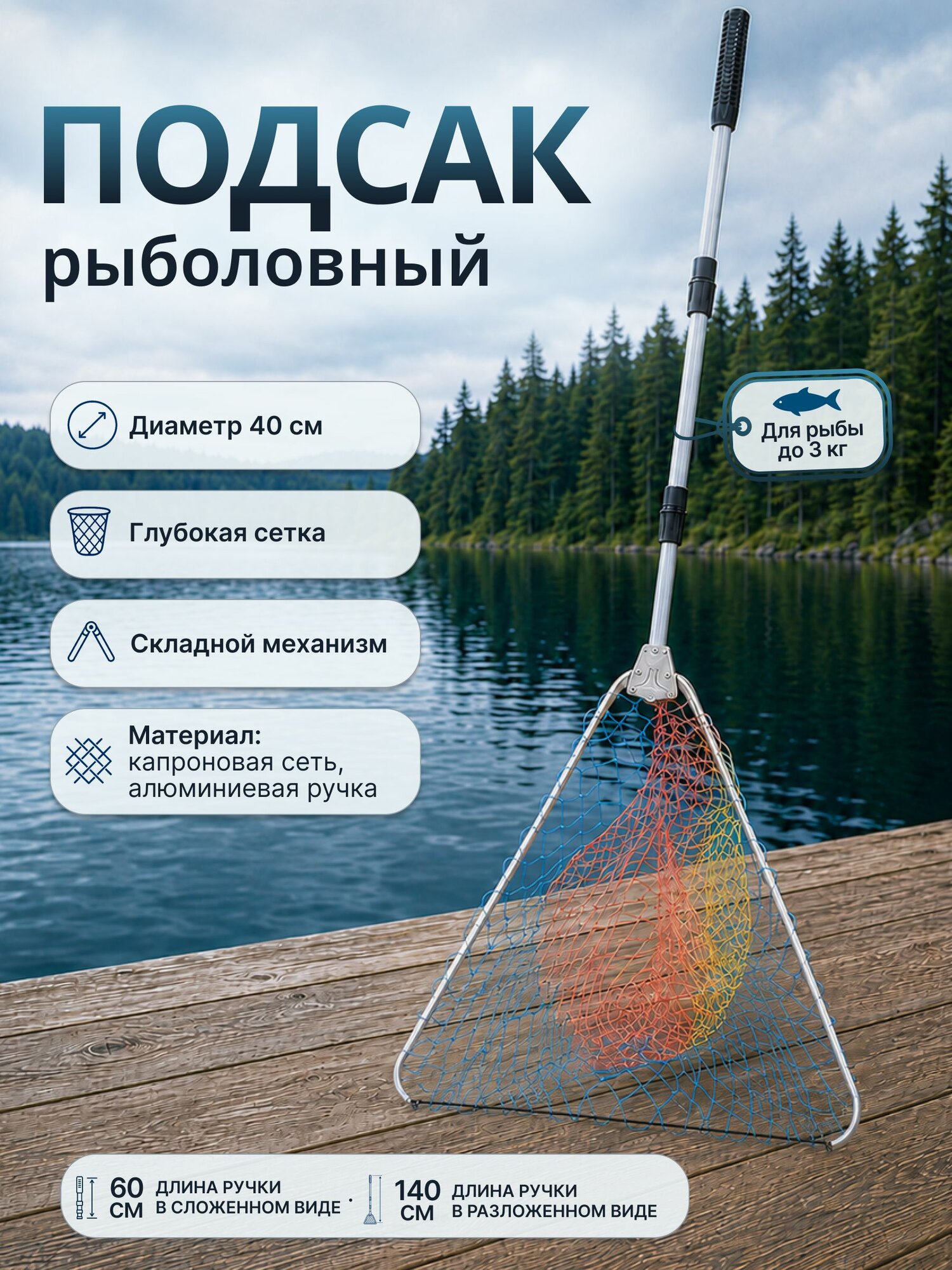 Подсак рыболовный складной телескопический, подсачек для рыбалки универсальный, алюминиевый, для спиннинга, карпа, щуки, лодки и берега складной 180/40см