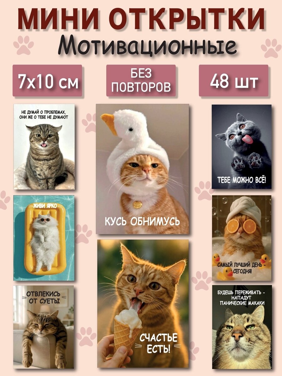 Набор смешных мотивационных мини открыток с котиками 48 шт. без повторов