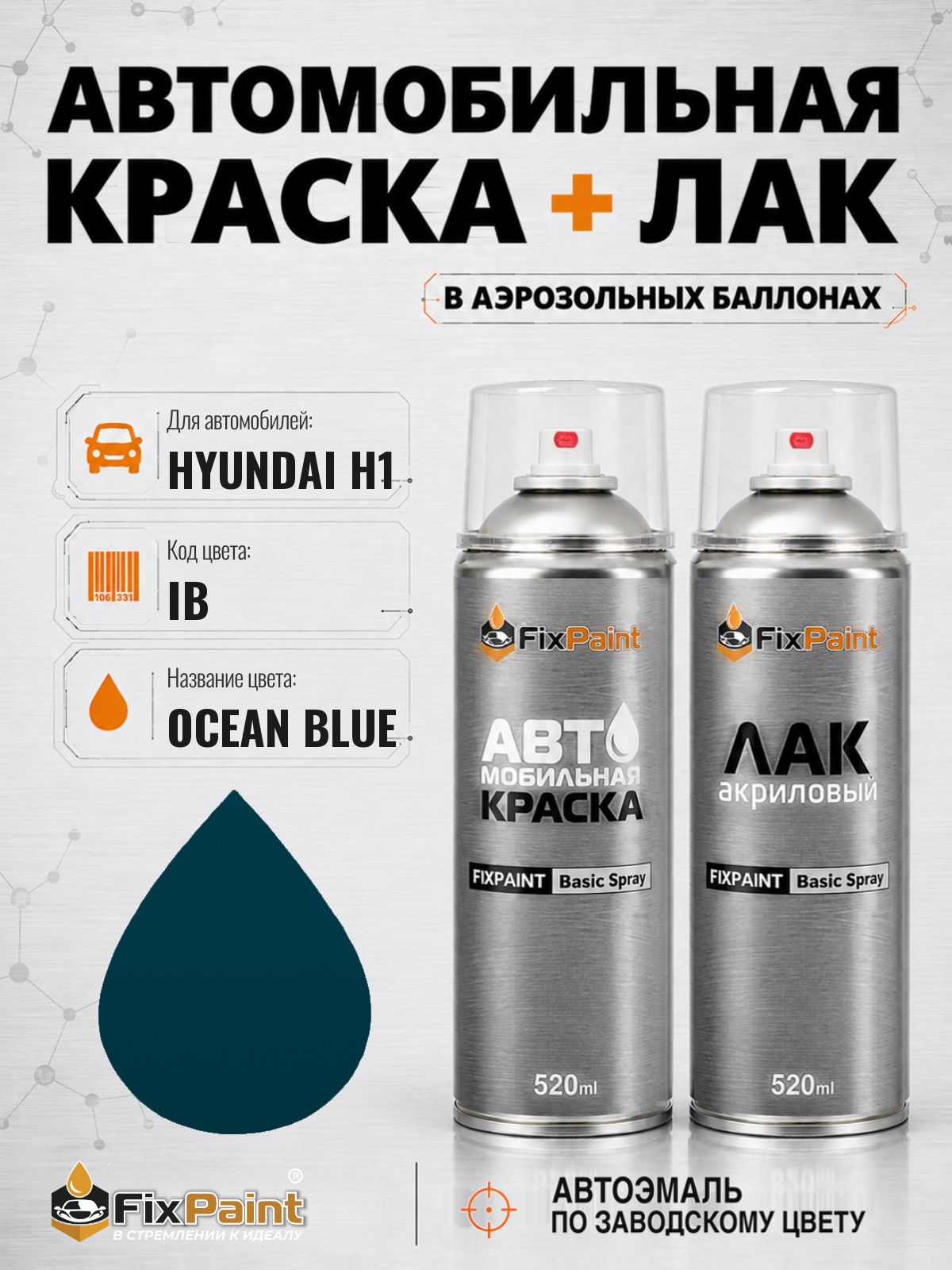 Краска и лак для HYUNDAI H1, код IB, OCEAN BLUE, автомобильная эмаль базовая и акриловый глянцевый лак FixPaint в аэрозольных баллонах 520 мл