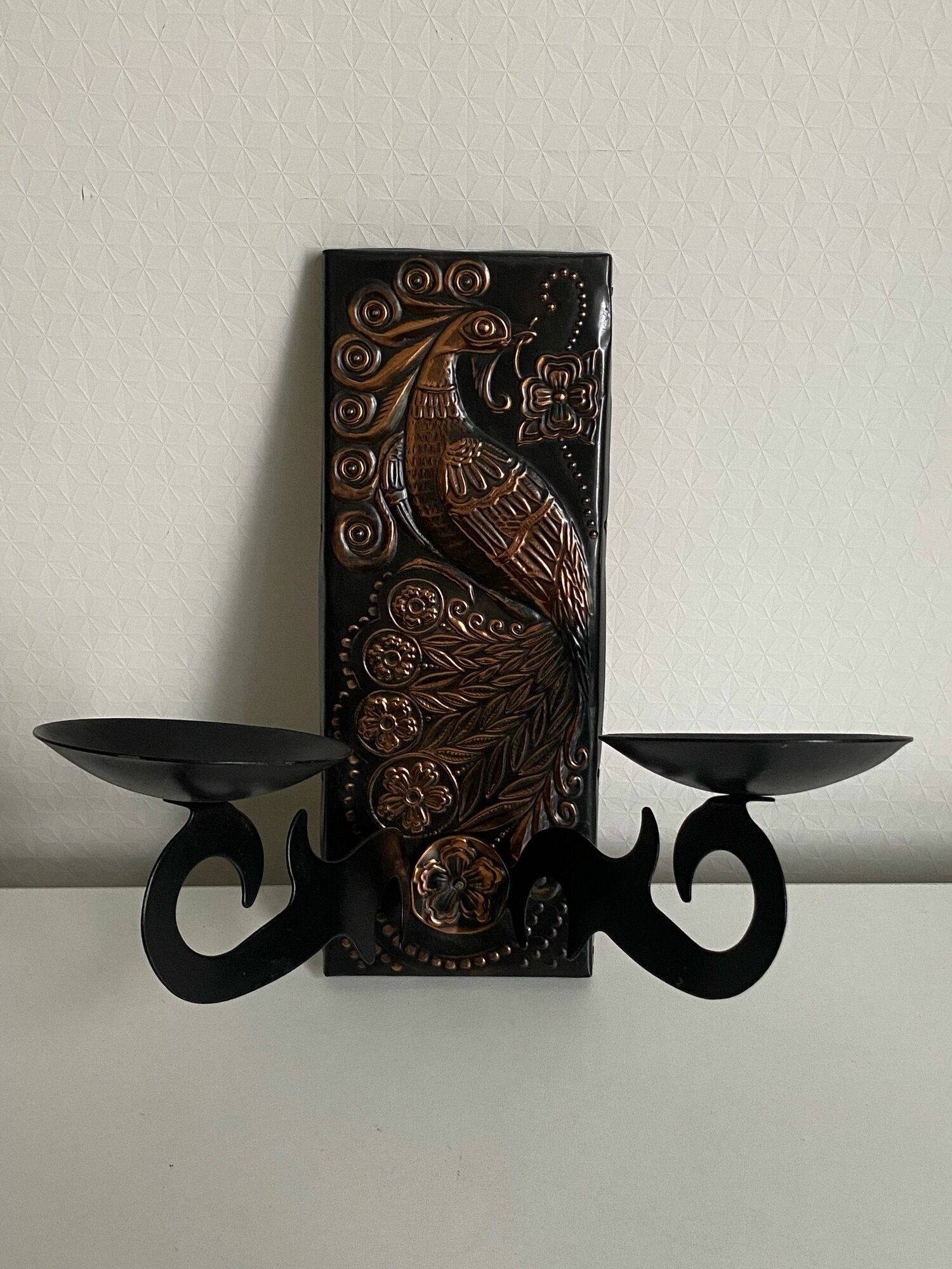 Настенный подсвечник "Жар птица". Чеканка. Латунь. СССР. На 2 свечи. Высота: 22.5 см.