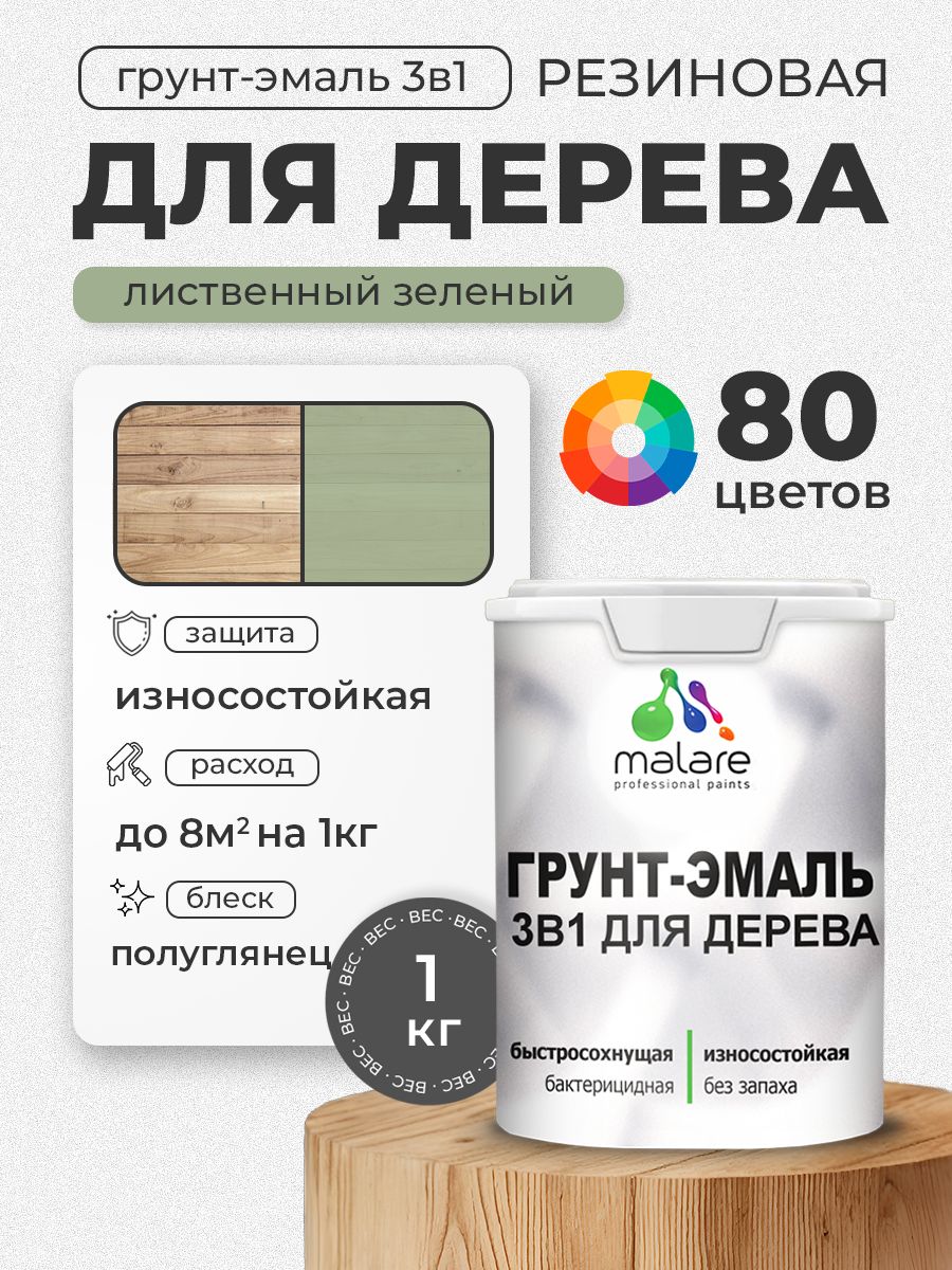 Резиновая Грунт-Эмаль 3 в 1 Malare для деревянных поверхностей/ краска по дереву с антисептическим эффектом/ быстросохнущая моющаяся без запаха полуглянцевая, лиственный зеленый, 1 кг