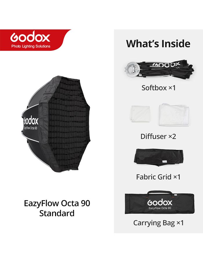 Godox EazyFlow Octa 90 Складной софтбокс с креплением Bowens, портативный светорассеивающий диффузор для фотостудийной вспышки и LED освещения