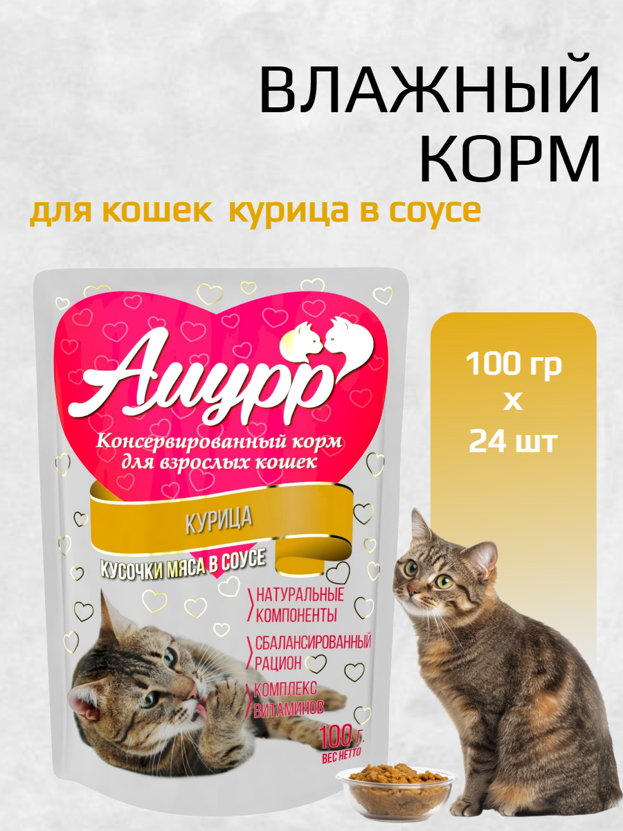 Амурр для кошек кусочки в соусе "Курица" 100гр х24шт