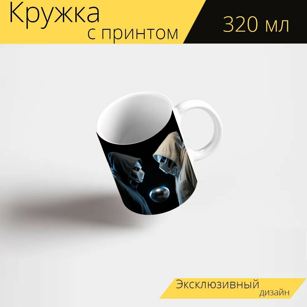 Кружка с рисунком, принтом "Два киберпанк-робота в капюшонах. Футуристическая сцена с двумя андроидами в худи, смотрящими друг на друга на тёмном фоне. Холодные." 320 мл.