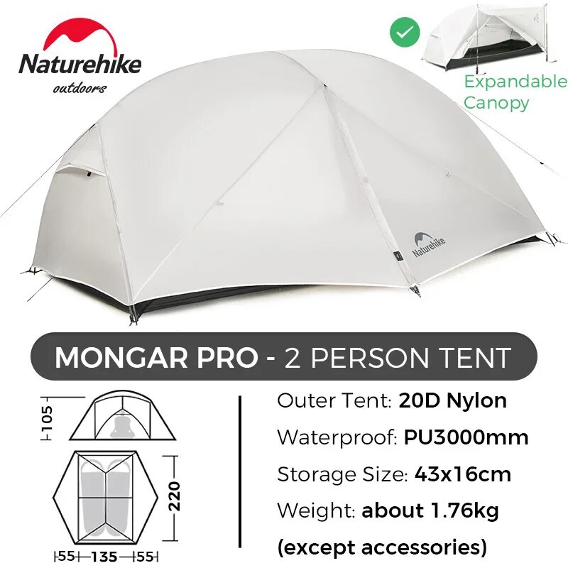 Палатка Naturehike Mongar для 2 человек ультralегкая палатка для кемпинга, двойного слоя, водонепроницаемая, 3 сезона, портативная -2P-20D PRO-Серый