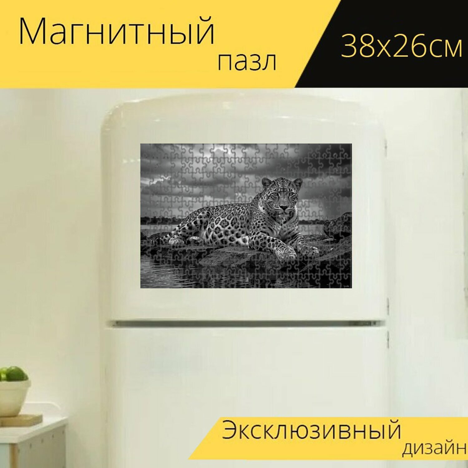 Магнитный пазл "Леопард на камнях у воды. Черно-белый реалистичный хищник лежит на скалах у спокойной глади, отражаясь в воде. Мрачные грозовые облака." для интерьера, 38х26 см.