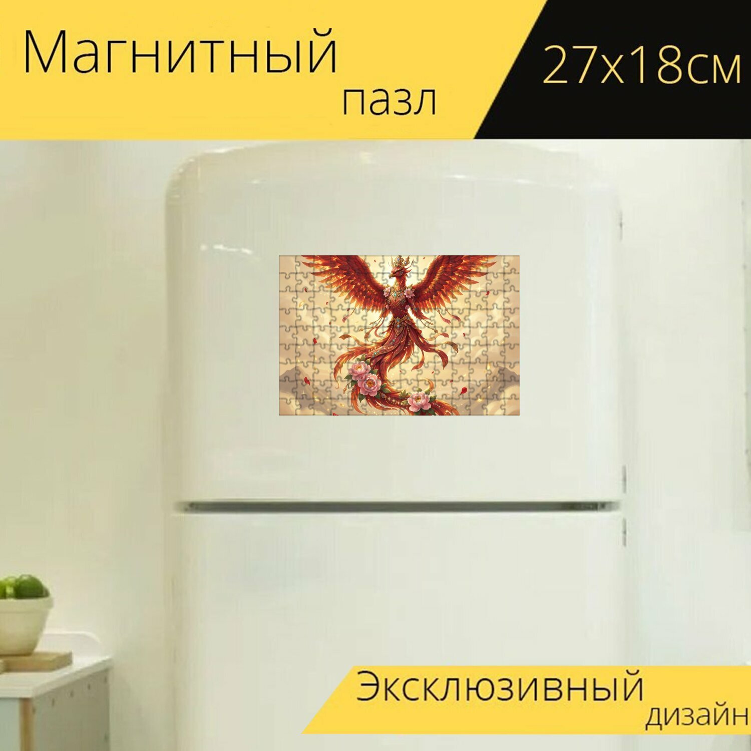 Магнитный пазл "Величественная огненная птица в облаках. Фантазийная композиция с царственной птицей фениксоподобного образа, распахнувшей пламенные." на холодильник 27 x 18 см.
