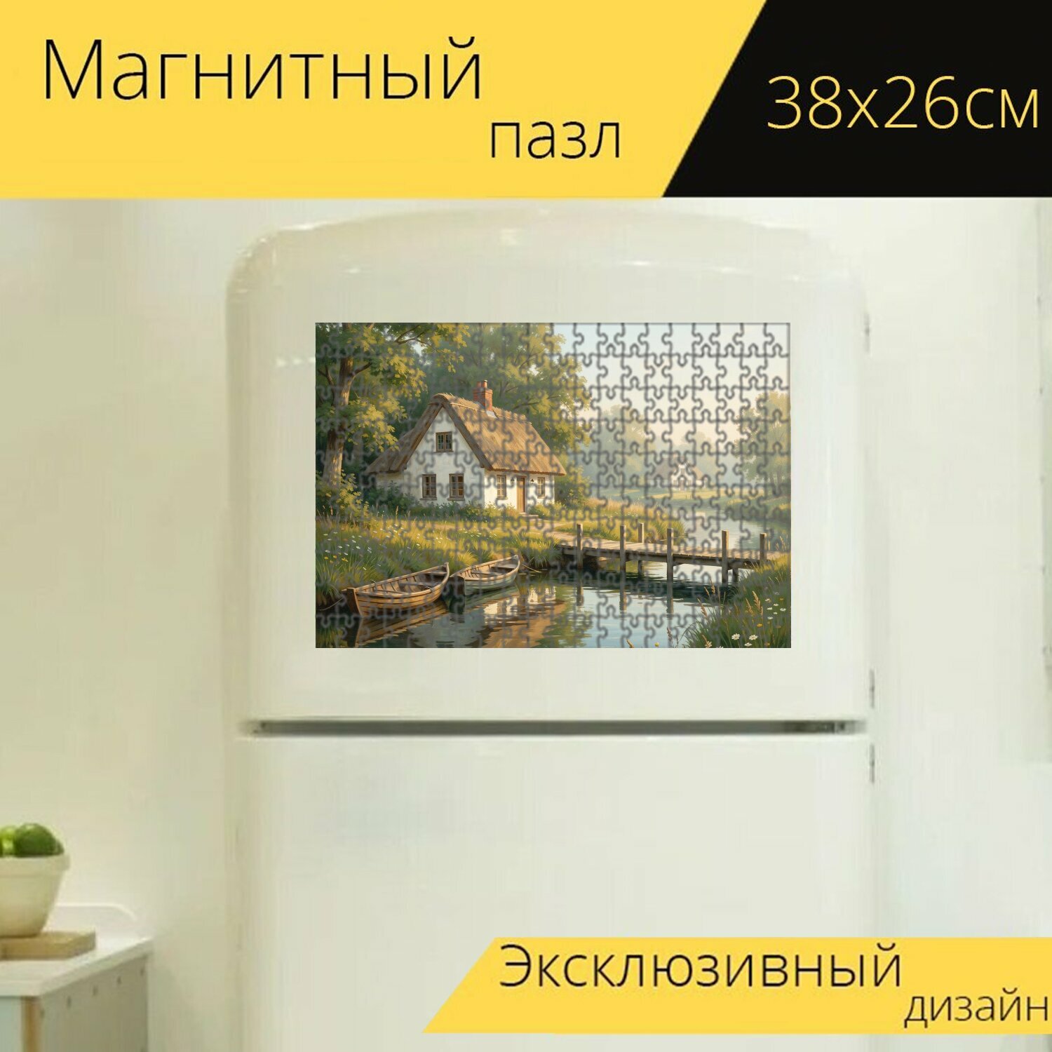 Магнитный пазл "Деревенский дом у реки. Уютный сельский уголок с белыми домиками, деревянным мостком, лодками у берега и зеркальной водой. Мягкие." для интерьера, 38х26 см.