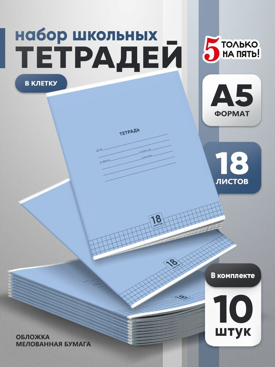 Тетрадь 18 листов в клетку 10 шт, серые листы