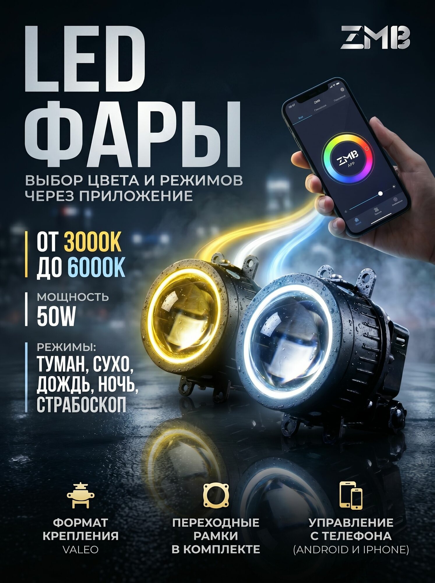 Светодиодные противотуманки Белые / Желтые 50W для RENAULT DUSTER от 2010 - 3000K - 6000K - Chameleon с выбором цвета LED ПТФ