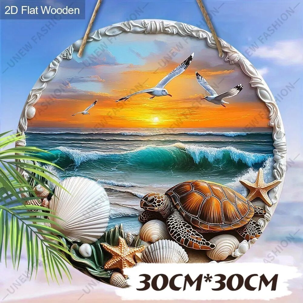 30cm*30cm, Деревянный подвес "Морской закат с черепахой", 2D плоский декор