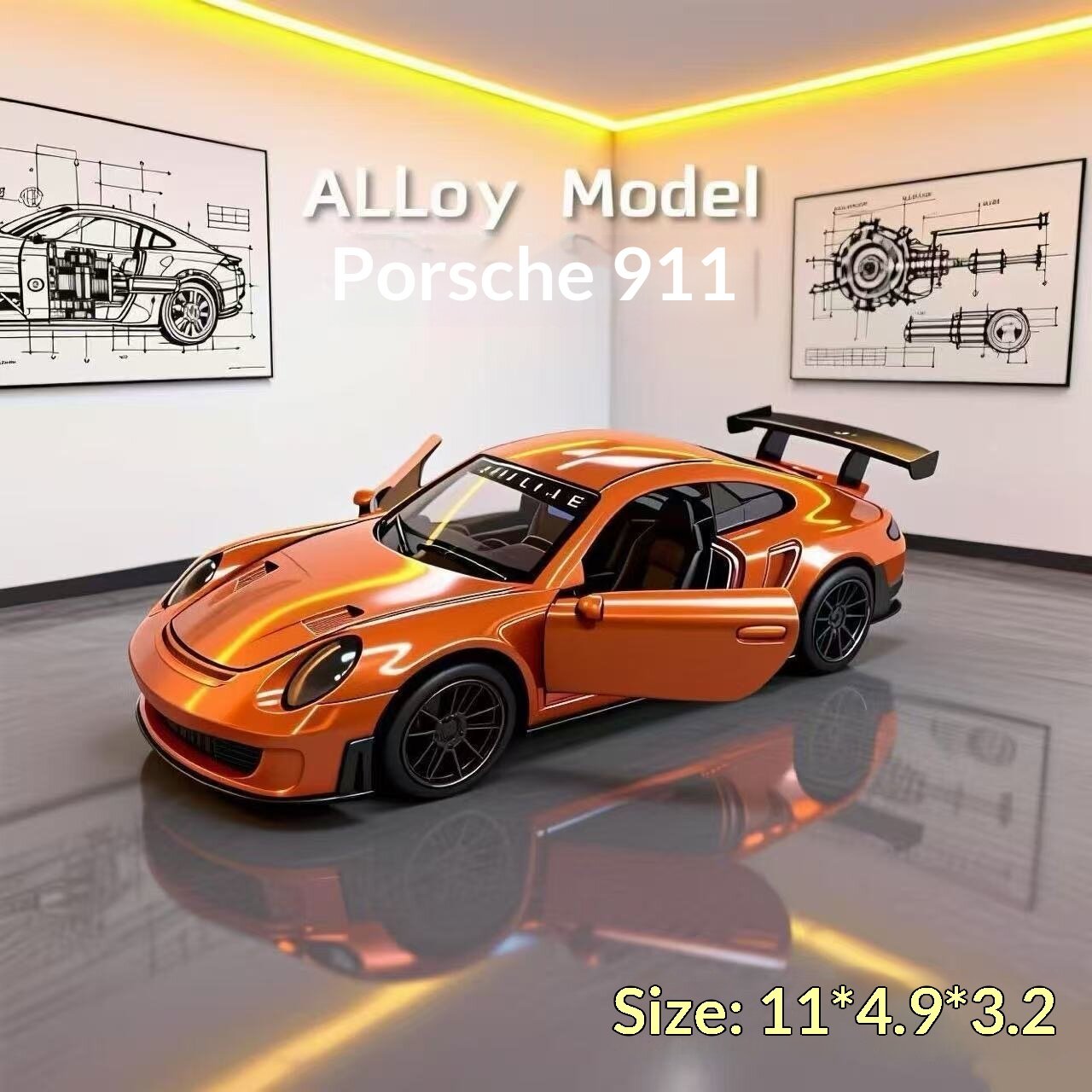 Модель Porsche 911 оранжевая из сплава — открываются двери, руль синхронизирован, коллекция, подарок