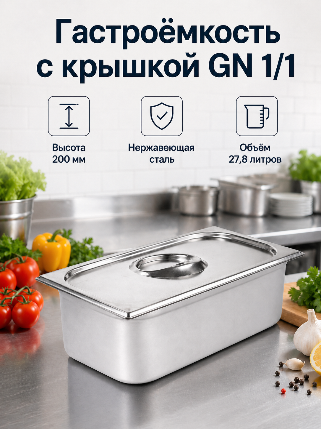 Гастроемкость GN 1/1-200 мм, набор 2 шт, нержавеющая сталь