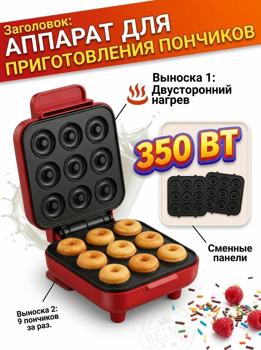 BeiMu Кексница мини электрическая 350 Вт, красный