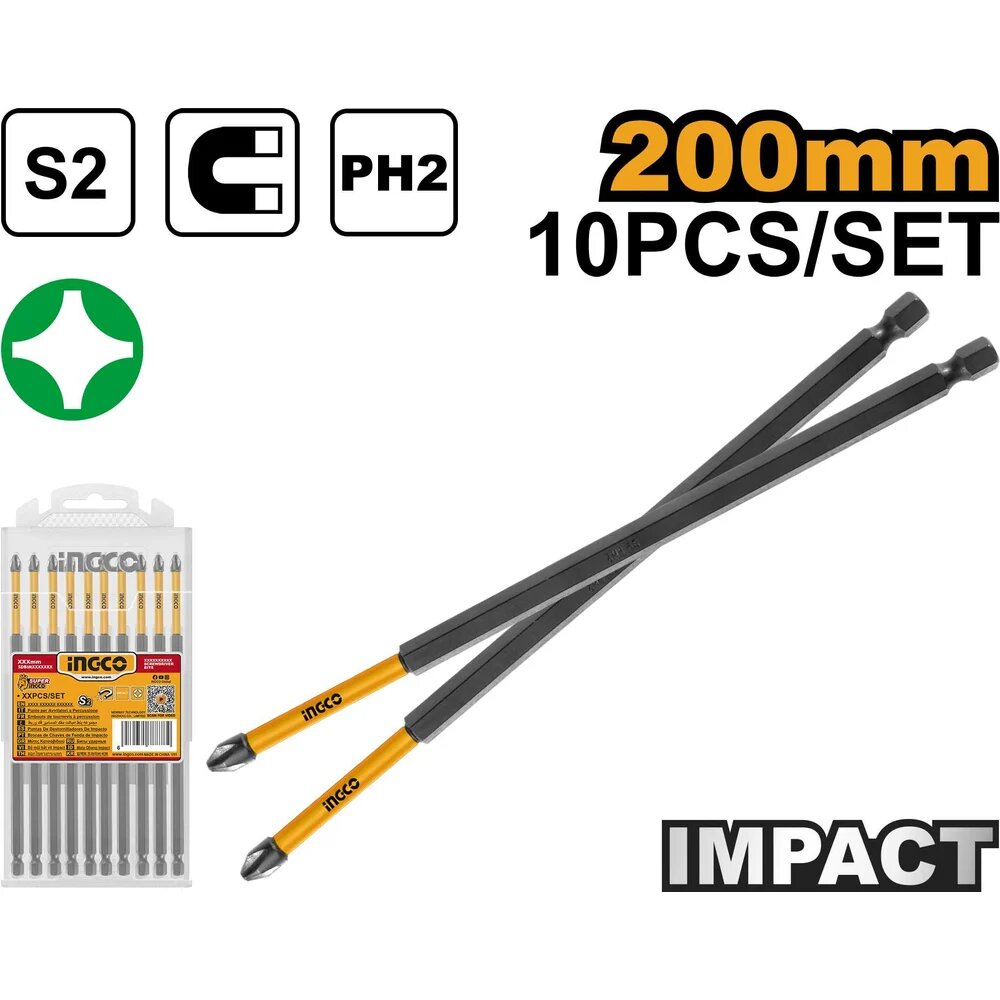 Набор ударных бит INGCO PH2, 200 мм 10 шт INDUSTRIAL SDBIM11PH285