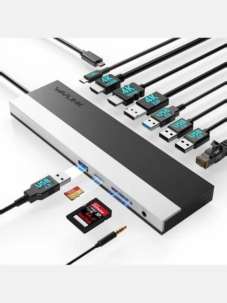 Док-станция WAVLINK 12-в-1 USB C разрешением 4K @60 Гц, DisplayPort/HDMI PD, USB 2.0/3.0, гигабитный Ethernet, слот SD/TF для Windows и Mac
