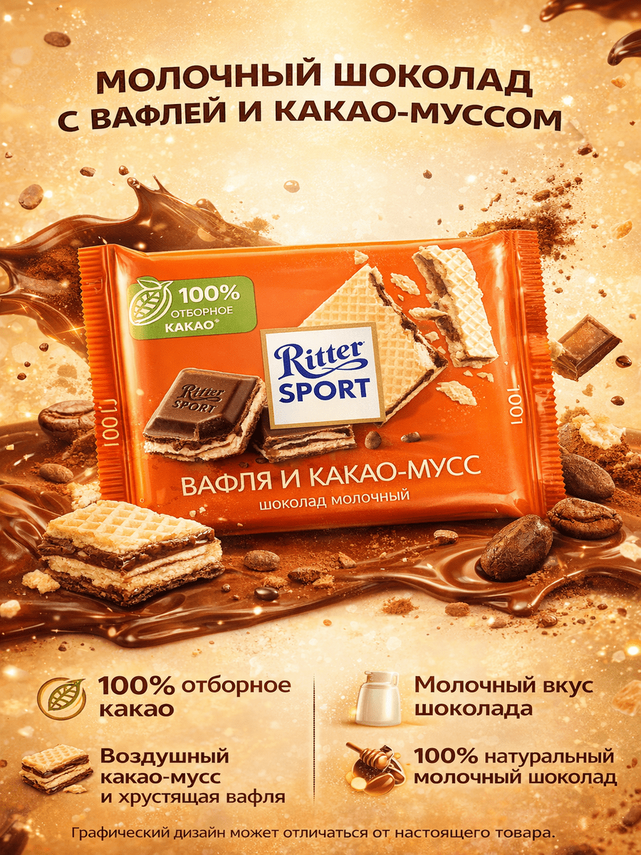 RITTER SPORT Молочный шоколад с вафлей и какао-муссом, 100 г