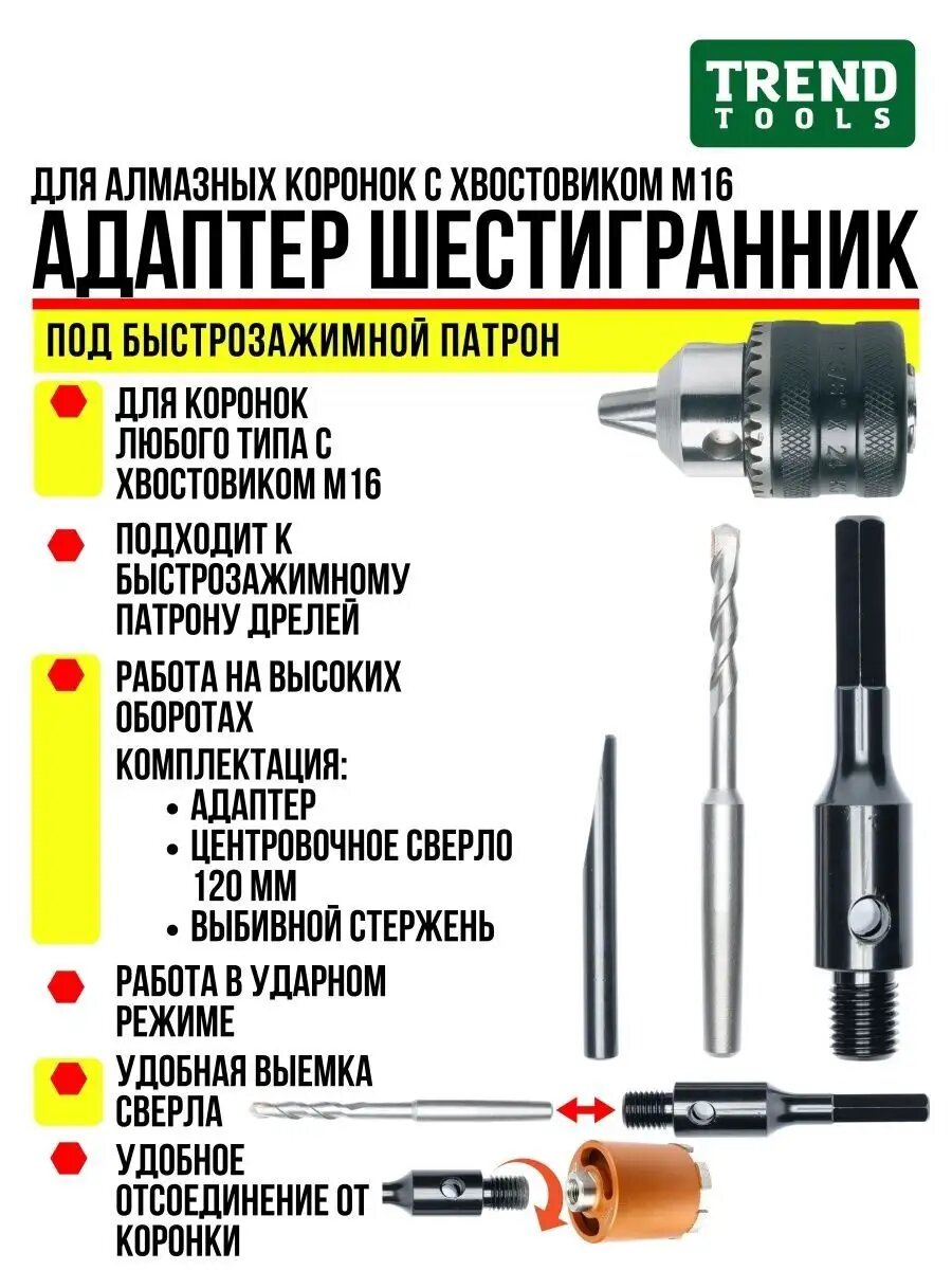 Адаптер переходник Trend Tools, хвостовик для алмазных коронок по бетону с М16 на шестигранник