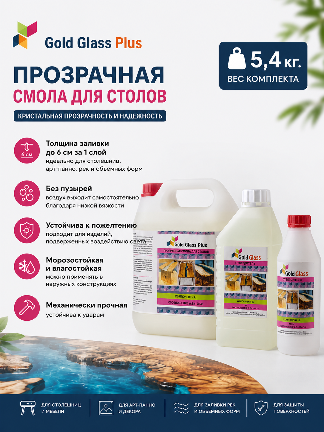 Прозрачная эпоксидная смола для объемных заливок Gold Glass Plus 5,4 кг до 6 см.