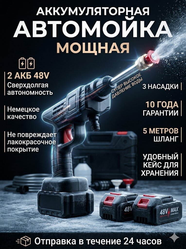 Мойка высокого давления аккумуляторная для автомобиля, Автомойка, в кейсе 2 аккумулятора, 3 насадки