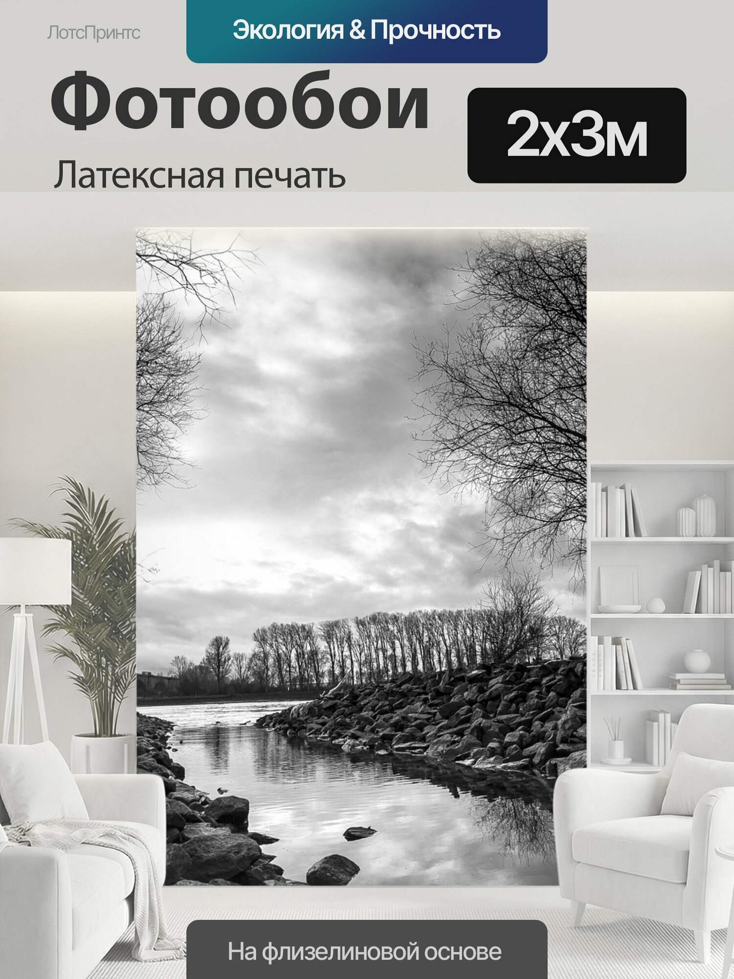 Фотообои моющиеся ударопрочные "Поток, рейн, черно-белый" 200x300 см. латексная печать