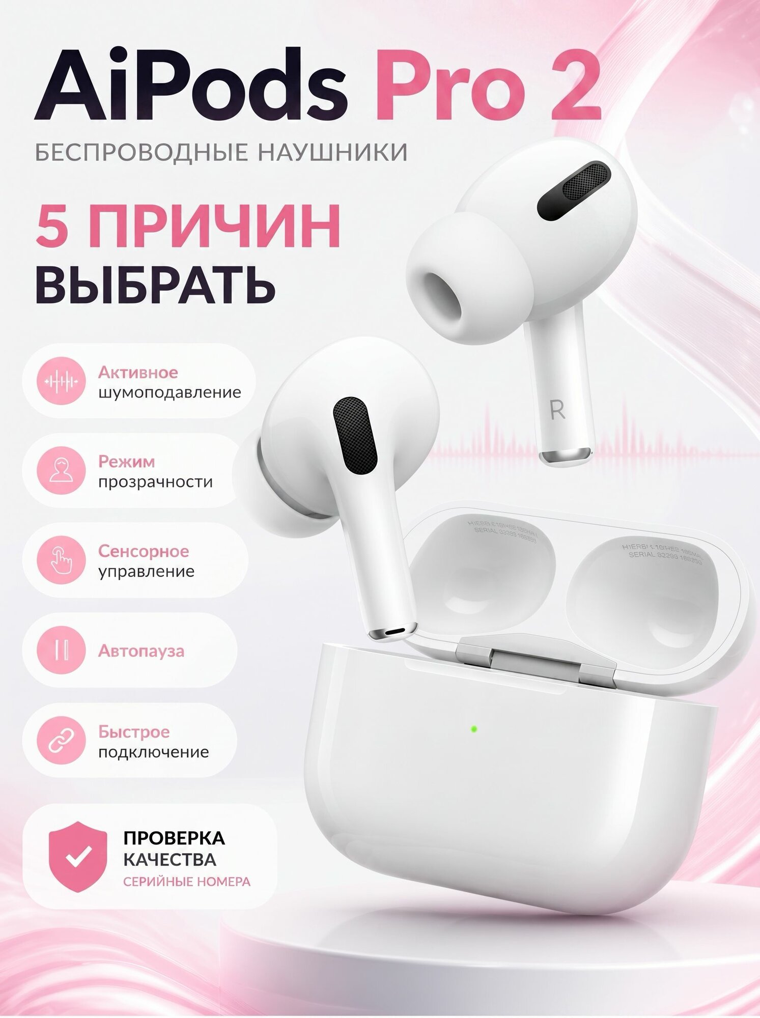 Наушники беспроводные AiPods PRO 2 с шумоподавлением и микрофоном. Наушники беспроводные для телефона.